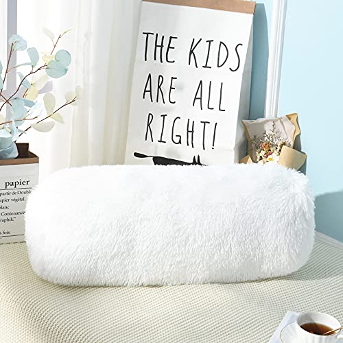 Decorative Fluffy Throw Pillows for Room Sofa Bed, Jelymark Fuzzy Body Pillow, Luxury Soft Faux Fur Round Long Couch Pillows for Kid Reading Sleeping, Removable Pillow Cover and Inserts, White 8x25 In