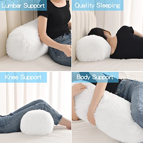 Decorative Fluffy Throw Pillows for Room Sofa Bed, Jelymark Fuzzy Body Pillow, Luxury Soft Faux Fur Round Long Couch Pillows for Kid Reading Sleeping, Removable Pillow Cover and Inserts, White 8x25 In