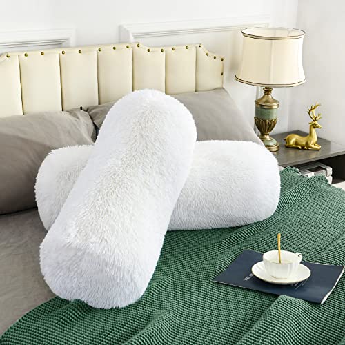 Decorative Fluffy Throw Pillows for Room Sofa Bed, Jelymark Fuzzy Body Pillow, Luxury Soft Faux Fur Round Long Couch Pillows for Kid Reading Sleeping, Removable Pillow Cover and Inserts, White 8x25 In