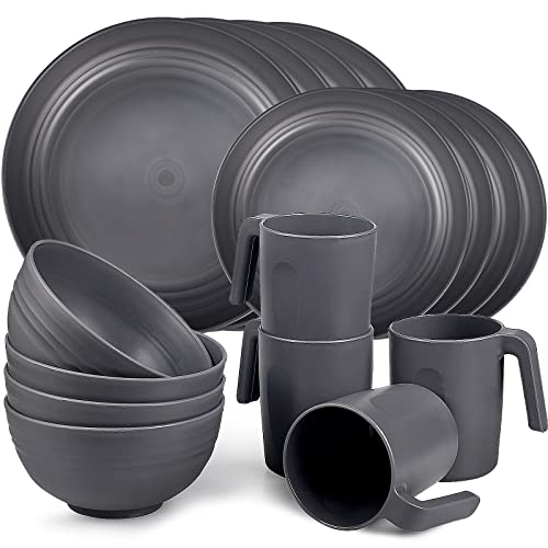 Shopwithgreen Plastic Dinnerware Sets (16PCS) - Lightweight & Unbreakable Dinnerware Set - Microwave Safe Plates Set, Bowls, Cups Mugs, Service for 4, Great for Kids & Adult (Grey)