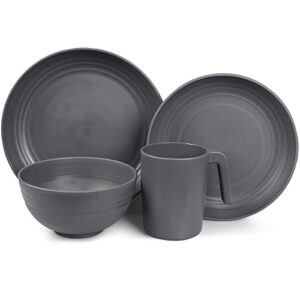 Shopwithgreen Plastic Dinnerware Sets (16PCS) - Lightweight & Unbreakable Dinnerware Set - Microwave Safe Plates Set, Bowls, Cups Mugs, Service for 4, Great for Kids & Adult (Grey)