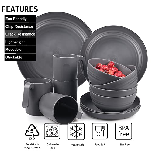 Shopwithgreen Plastic Dinnerware Sets (16PCS) - Lightweight & Unbreakable Dinnerware Set - Microwave Safe Plates Set, Bowls, Cups Mugs, Service for 4, Great for Kids & Adult (Grey)