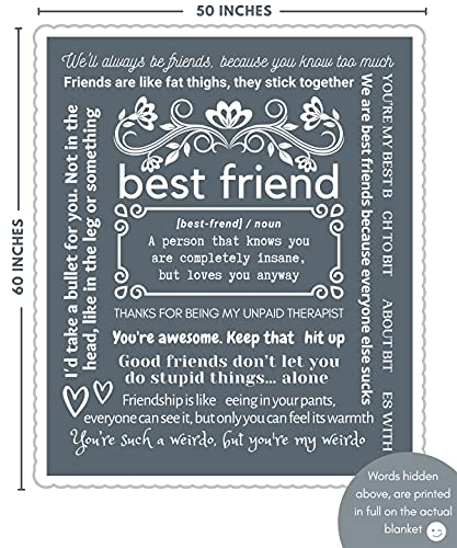 FILO ESTILO Funny Best Friend Blanket, Best Friend Mothers Day or Birthday Gifts for Women, Female, Bestie Blanket with Fun Quotes, Unique Friendship Presents, 60x50 Inches (Grey, Sherpa)