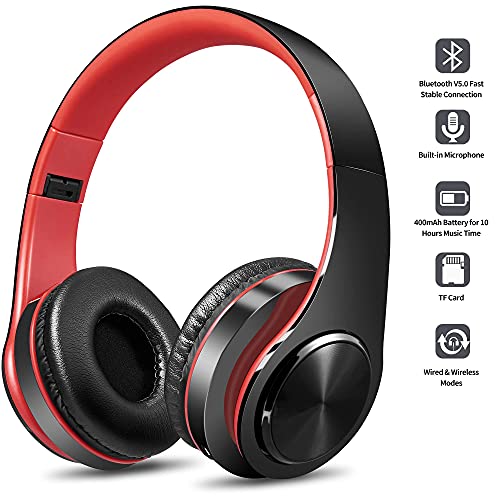 YTDTKJ Bluetooth Over Ear Headphones, Foldable LED Stereo Headphones with Built-in Microphone, Noise-Cancelling Wireless Headset for PC/Smart Phone/TV (Black & Red)