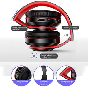 YTDTKJ Bluetooth Over Ear Headphones, Foldable LED Stereo Headphones with Built-in Microphone, Noise-Cancelling Wireless Headset for PC/Smart Phone/TV (Black & Red)