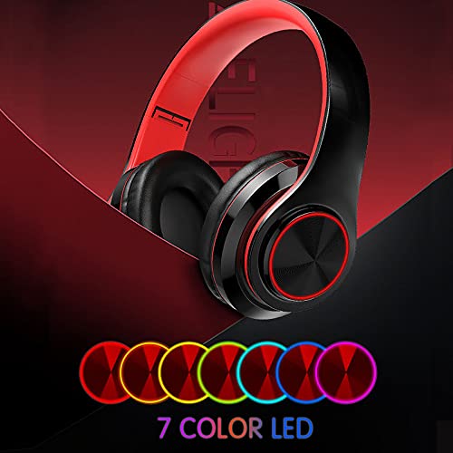 YTDTKJ Bluetooth Over Ear Headphones, Foldable LED Stereo Headphones with Built-in Microphone, Noise-Cancelling Wireless Headset for PC/Smart Phone/TV (Black & Red)