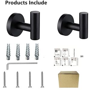 QUANHEE Bathroom Towel Hooks Matte Black SUS 304 Stainless Wall Hook Heavy Duty Hanger Coat/Robe/Hat for Kitchen Living Room Bedroom Hotel Office Cabinet 2 Pack (Matte Black), QUANHEE05