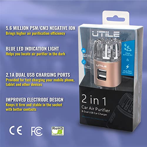 UTILE Car Ionizer Purifier with Dual USB Charger – Ionic Air Freshener for Odor Removal | 2.1A/0.8W USB Charging for Phone, Tablet and Other Devices (Copper, Pack of 2)