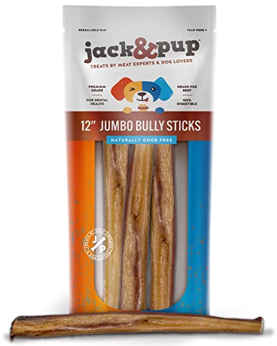 Jack&Pup Jumbo Bully Sticks for Large Dogs Aggressive Chewers - Bully Sticks 12 Inch Odor Free Beef Chew Sticks for Dogs, Premium Grade Healthy Dog Treats Long Lasting Dog Chews (Jumbo Thick - 3 Pack)