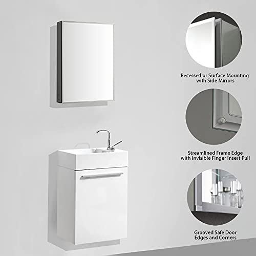 16 Inch x 20 Inch Aluminum Bathroom Medicine Cabinet, Recess Or Surface Mount