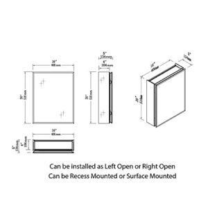 16 Inch x 20 Inch Aluminum Bathroom Medicine Cabinet, Recess Or Surface Mount