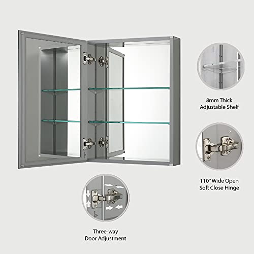 16 Inch x 20 Inch Aluminum Bathroom Medicine Cabinet, Recess Or Surface Mount