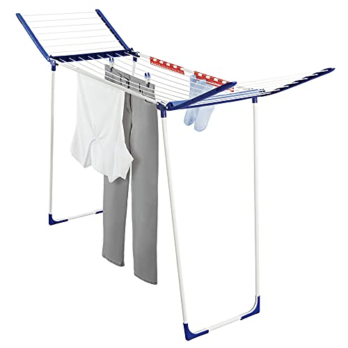 Leifheit Pegasus 180 Gullwing Drying Rack with 19.7 Yards of Hanging Space, White and Blue