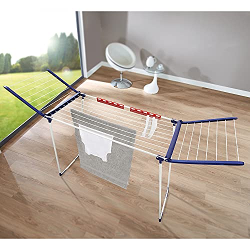 Leifheit Pegasus 180 Gullwing Drying Rack with 19.7 Yards of Hanging Space, White and Blue