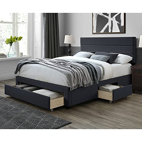 DG Casa Flynn Upholstered Panel Bed Frame with Storage Drawers and Horizontal Channel Headboard - Queen Size in Charcoal Fabric