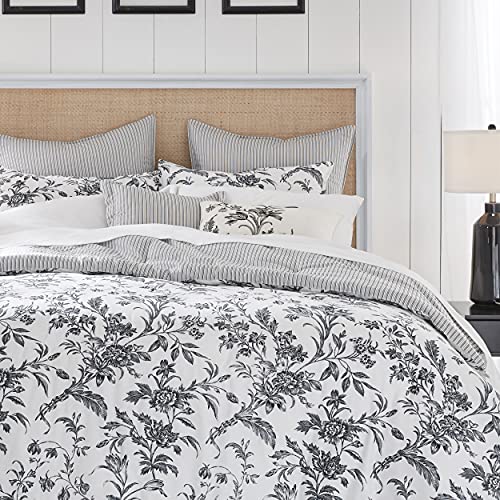 Laura Ashley - Queen Comforter Set, Reversible Cotton Bedding, Includes Matching Shams with Bonus Euro Shams & Throw Pillows (Amberley Black/White, Queen)