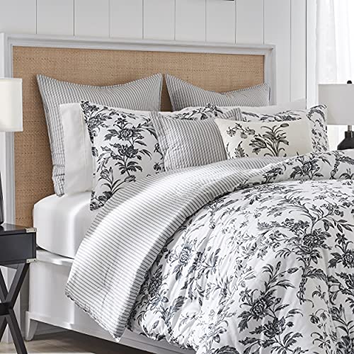 Laura Ashley - Queen Comforter Set, Reversible Cotton Bedding, Includes Matching Shams with Bonus Euro Shams & Throw Pillows (Amberley Black/White, Queen)