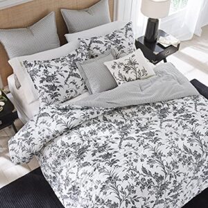 Laura Ashley - Queen Comforter Set, Reversible Cotton Bedding, Includes Matching Shams with Bonus Euro Shams & Throw Pillows (Amberley Black/White, Queen)