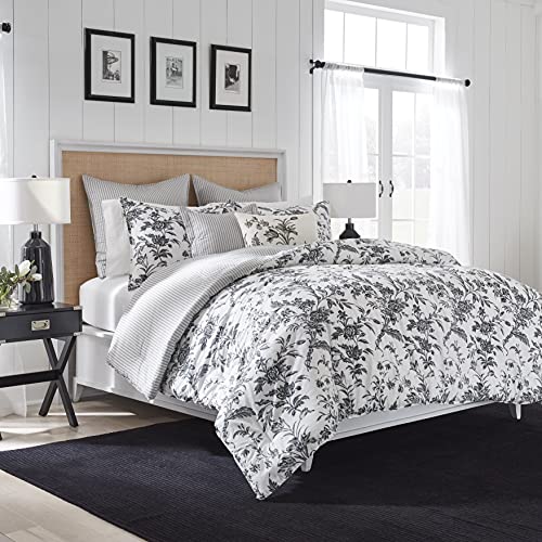 Laura Ashley - Queen Comforter Set, Reversible Cotton Bedding, Includes Matching Shams with Bonus Euro Shams & Throw Pillows (Amberley Black/White, Queen)