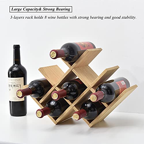 KIRIGEN Wooden 8-Bottle Wine Rack - 3-Tier Wood Wine Display Rack/Free Standing and Countertop Wine Storage Shelf - Bottle Holder/Cabinet Glass Rack Natural XHJJ3-NA