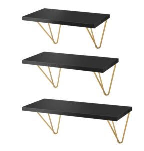 dcigna floating shelves wall mounted set of 3, white floating shelves with triangle gold bracket, hanging wall shelves for home decor, living room, bedroom, kitchen, bathroom etc. (black)