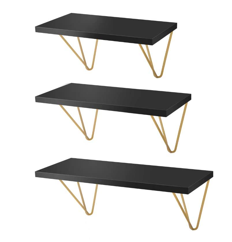 DCIGNA Floating Shelves Wall Mounted Set of 3, White Floating Shelves with Triangle Gold Bracket, Hanging Wall Shelves for Home Decor, Living Room, Bedroom, Kitchen, Bathroom etc. (Black)