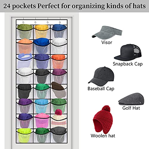 JInSEY Hat Rack for Wall,Hat Organizer-24 Clear Elastic Mesh Hat Holder Storage Pockets for Baseball Caps SnacksToys