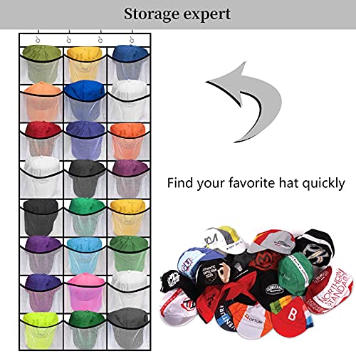 JInSEY Hat Rack for Wall,Hat Organizer-24 Clear Elastic Mesh Hat Holder Storage Pockets for Baseball Caps SnacksToys