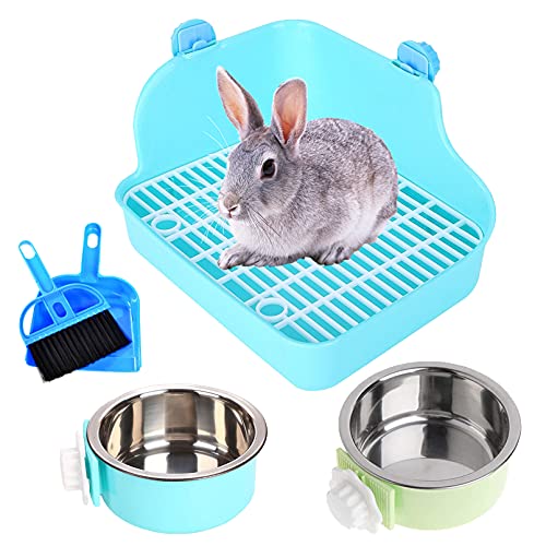 Rabbit Litter Box for Cage Bunny Corner Litter Bedding Box Small Animal Litter Pan Hanging Pet Bowls Cage Potty Trainer Pet Toilet for Rabbit Bunny Guinea Pigs Chinchilla Ferret Small Animals(Blue)