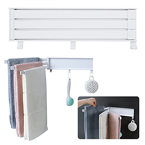 Beautytang Swing Towel Holder Rack，Wall Mounted Towel Bar Swivel Arm Hand with Hooks 3-Arm，Space Saving White Magnetic Towel Bar,Self Adhesive Punch-Free Towel Rack for Bathroom Kitchen