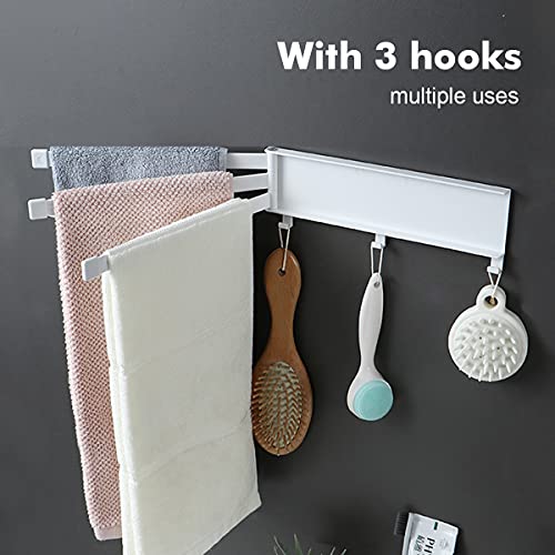 Beautytang Swing Towel Holder Rack，Wall Mounted Towel Bar Swivel Arm Hand with Hooks 3-Arm，Space Saving White Magnetic Towel Bar,Self Adhesive Punch-Free Towel Rack for Bathroom Kitchen