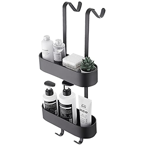 FINECHI Over the Door Shower Caddy Hanging Storage Organizer Rust Proof Aluminum Bathroom Tub Storage Rack with Hooks and Baskets(Matte Black, 2-Tier)