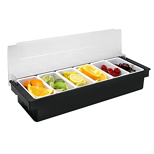 POWLAB Ice Cooled Condiment Serving Container Fruit Veggie Condiment Caddy Plastic Garnish Station with Lid for Fruit ,Ice Cream,Salad Bar-Topping Organizer for Restaurant Supplies (6 Compartments)