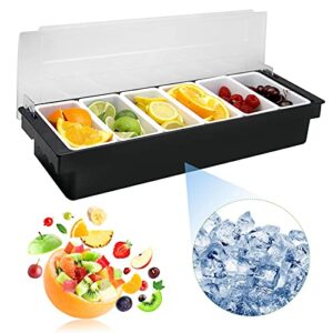 POWLAB Ice Cooled Condiment Serving Container Fruit Veggie Condiment Caddy Plastic Garnish Station with Lid for Fruit ,Ice Cream,Salad Bar-Topping Organizer for Restaurant Supplies (6 Compartments)