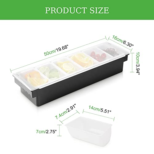 POWLAB Ice Cooled Condiment Serving Container Fruit Veggie Condiment Caddy Plastic Garnish Station with Lid for Fruit ,Ice Cream,Salad Bar-Topping Organizer for Restaurant Supplies (6 Compartments)