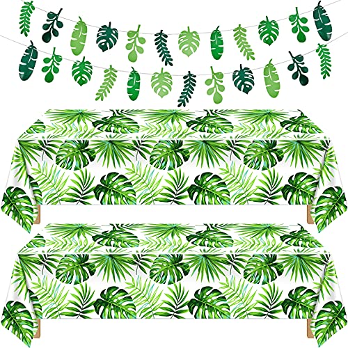 2 Pieces Palm Leaf Table Covers Hawaii Green Palm Leaves Tablecloths Tropical Leaves Table Cloths and 2 Pieces Palm Leaves Banners Palm Leaves Banner Decorations for Tropical Party Decorations