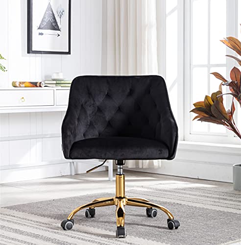 SSLine Velvet Office Chair,Modern Home Office Chairs Desk Chairs with Gold Metal Legs,Adjustable Swivel Armchair Vanity Chair Nice Task Chair for Office, Living Room,Bed Room (Black)