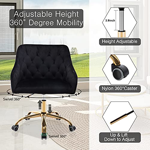 SSLine Velvet Office Chair,Modern Home Office Chairs Desk Chairs with Gold Metal Legs,Adjustable Swivel Armchair Vanity Chair Nice Task Chair for Office, Living Room,Bed Room (Black)