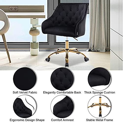 SSLine Velvet Office Chair,Modern Home Office Chairs Desk Chairs with Gold Metal Legs,Adjustable Swivel Armchair Vanity Chair Nice Task Chair for Office, Living Room,Bed Room (Black)