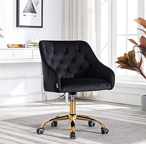 SSLine Velvet Office Chair,Modern Home Office Chairs Desk Chairs with Gold Metal Legs,Adjustable Swivel Armchair Vanity Chair Nice Task Chair for Office, Living Room,Bed Room (Black)