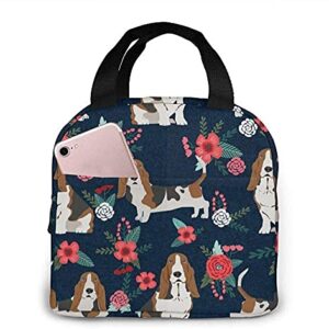 Lunch Bag Basset Hound Floral Dog Dog With Flowers Navy Blue Lunch Box Insulated Bag Tote Bag For Men/Women Work Travel