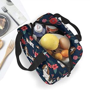 Lunch Bag Basset Hound Floral Dog Dog With Flowers Navy Blue Lunch Box Insulated Bag Tote Bag For Men/Women Work Travel