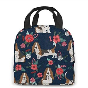 Lunch Bag Basset Hound Floral Dog Dog With Flowers Navy Blue Lunch Box Insulated Bag Tote Bag For Men/Women Work Travel