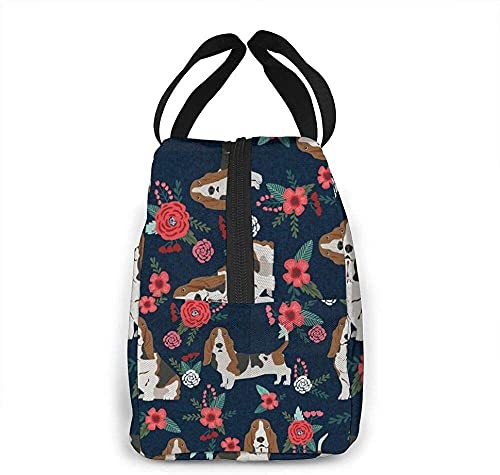 Lunch Bag Basset Hound Floral Dog Dog With Flowers Navy Blue Lunch Box Insulated Bag Tote Bag For Men/Women Work Travel