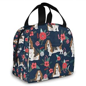 Lunch Bag Basset Hound Floral Dog Dog With Flowers Navy Blue Lunch Box Insulated Bag Tote Bag For Men/Women Work Travel