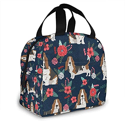 Lunch Bag Basset Hound Floral Dog Dog With Flowers Navy Blue Lunch Box Insulated Bag Tote Bag For Men/Women Work Travel