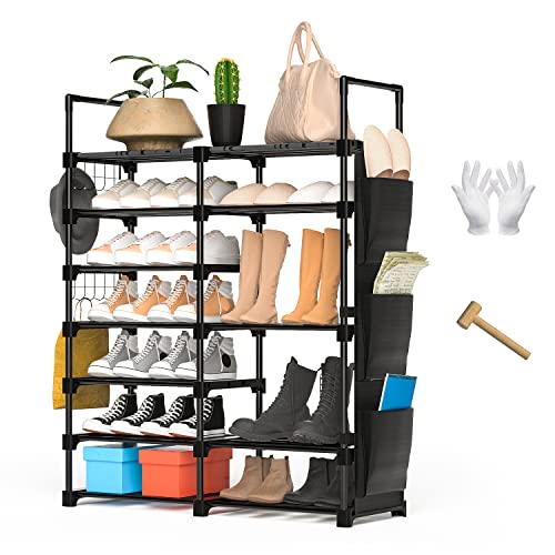 Ohuhu Shoe Rack, 7 Tiers 30 Pairs Metal Black Shoe Shelf Racks Boot Shoes Organizer Storage Free Standing Shoe Tower for Closet Entryway or Outdoor with 2 Side Hooks 3 Pockets Bag Room Organizer