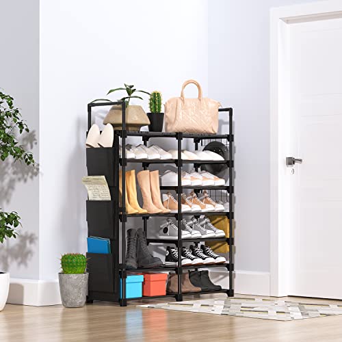 Ohuhu Shoe Rack, 7 Tiers 30 Pairs Metal Black Shoe Shelf Racks Boot Shoes Organizer Storage Free Standing Shoe Tower for Closet Entryway or Outdoor with 2 Side Hooks 3 Pockets Bag Room Organizer