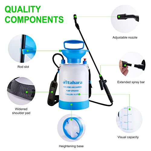 Kitahara 1 Gallon Garden Pump Pressure Sprayer with Pressure Relief Valve, Adjustable Shoulder Strap and Nozzles, for Yard Lawn Weeds Plant Water