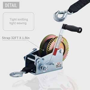 OPENROAD Boat Winch 3200lbs Hand Winch, with 32ft Black Strap and 2 Speed switchable, for Boat Trailer Towing Winch